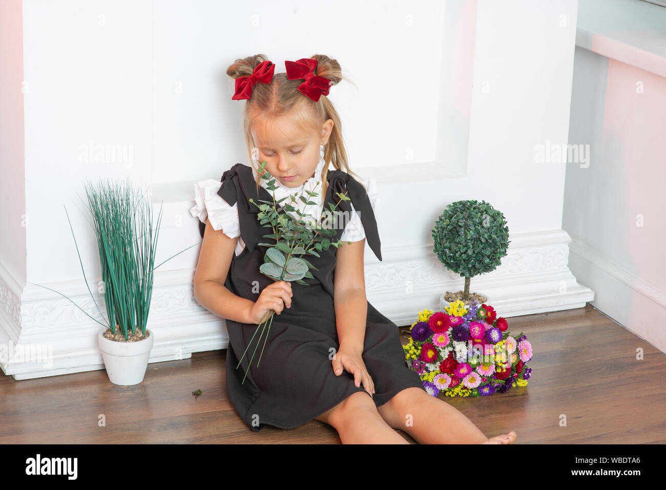 Portrait of beautiful young first-grader. First-grader girl in the ...