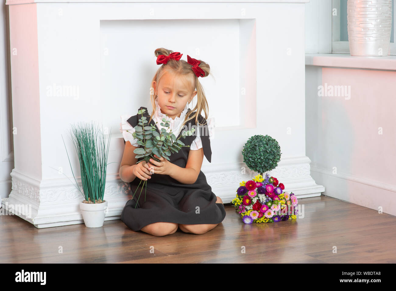 Portrait of beautiful young first-grader. First-grader girl in the ...