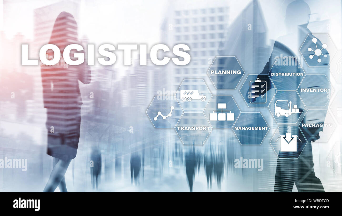 Logistic and transport concept. Businessman shows logistics diagram ...