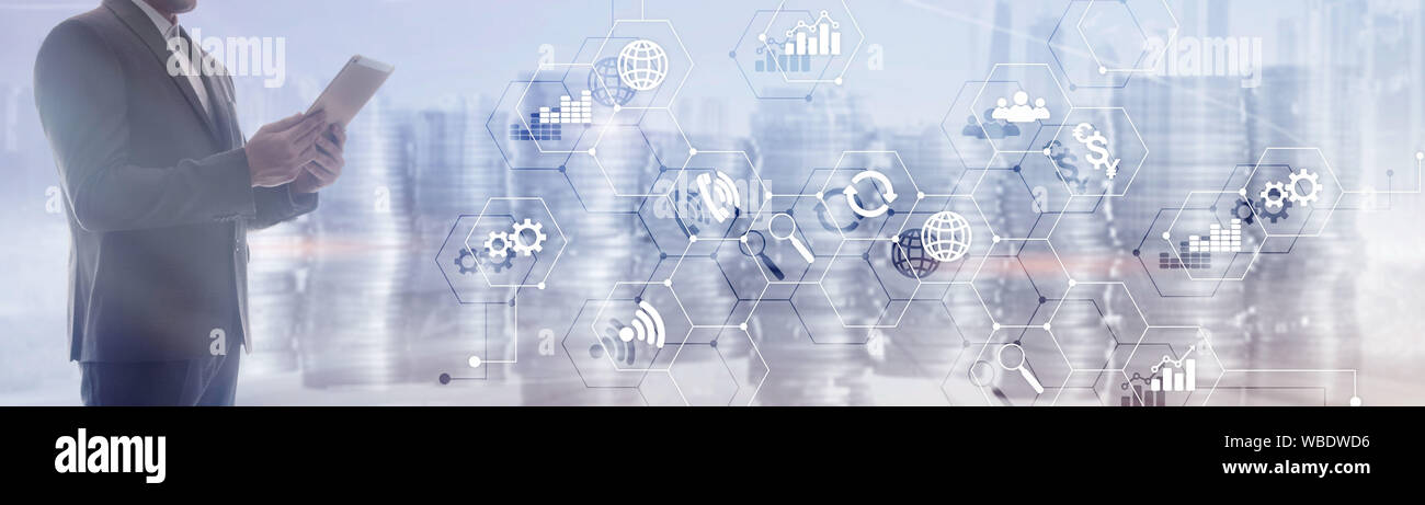 Diagrams and icons on hologram screen. Mixed Media Website Business ...