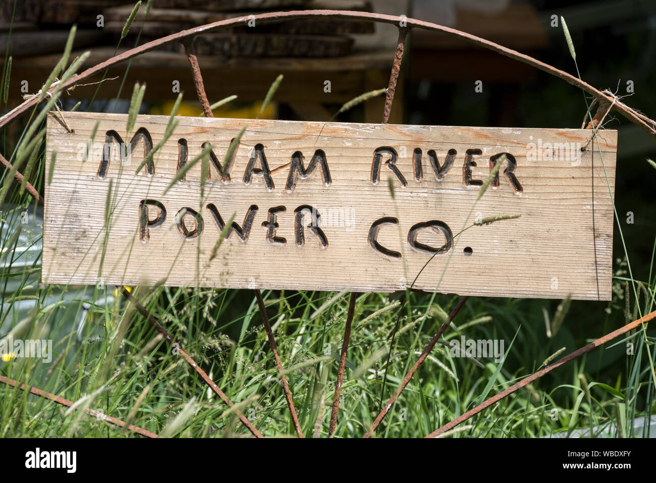 Minam River Power Co. sign at the Minam River Lodge in Oregon's Wallowa ...