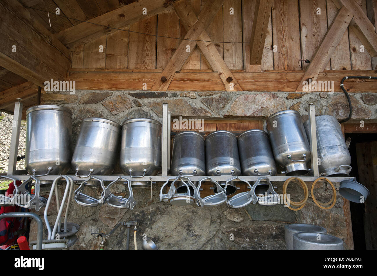 Milk cans in alpine hut, Val d'Ultimo (Ultental), Bolzano, Trentino ...