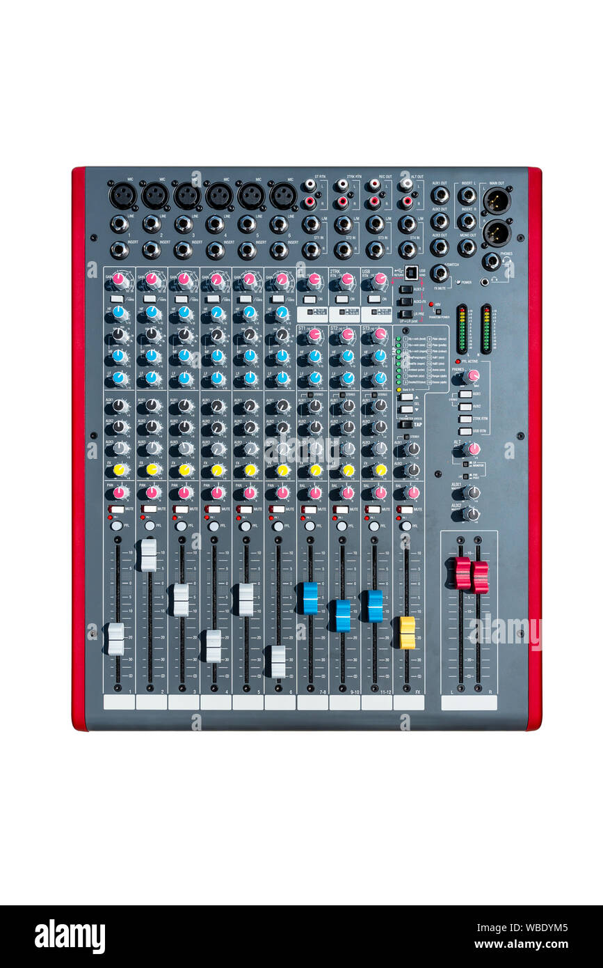 A professional 12-input sound mixer with many adjustments and knob ...