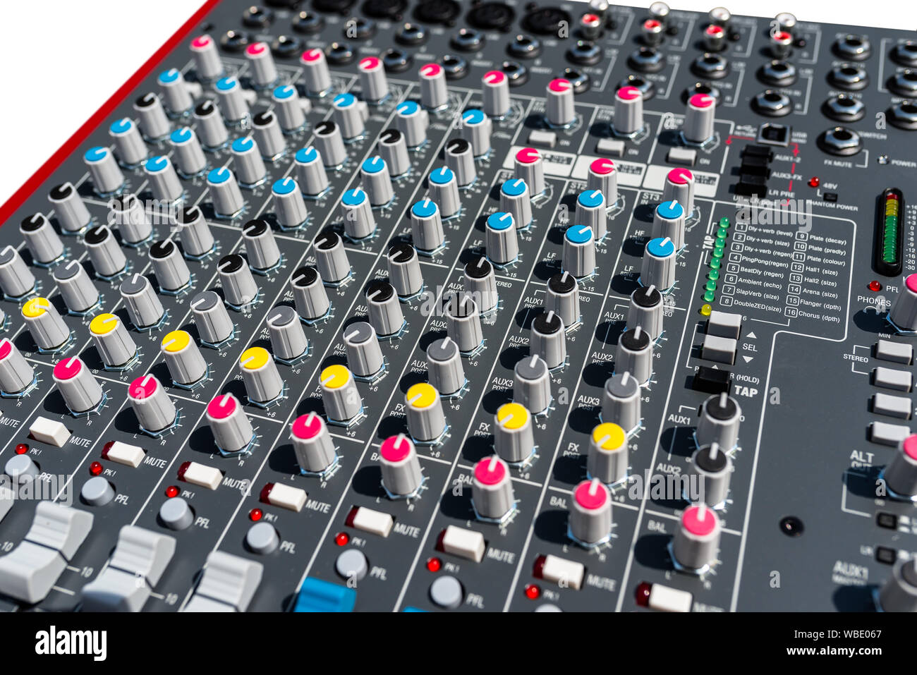 Close up photo of a professional sound mixer with many adjustments ...