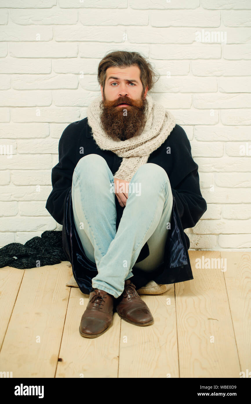 man with long beard on sad face in autumn Stock Photo - Alamy