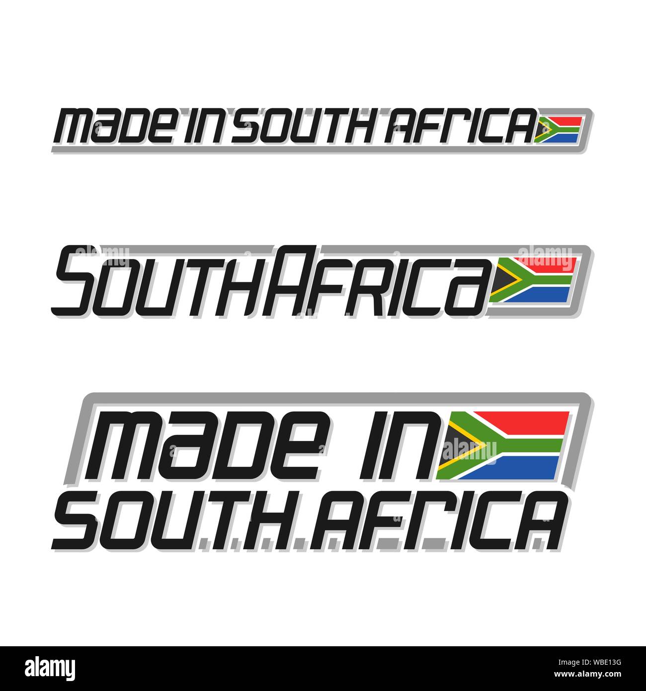 Vector text "made in South Africa", three isolated national state flag ...