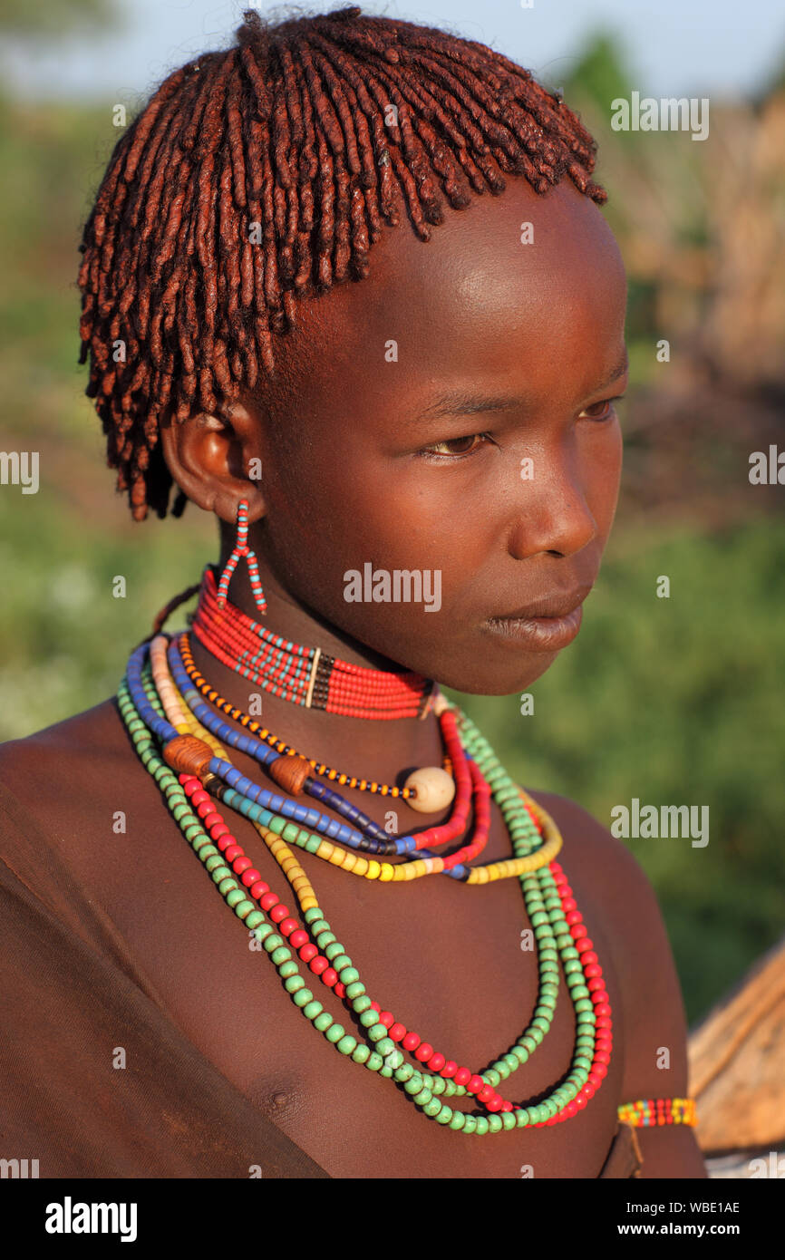 Beautiful Hamer tribal girl at a bull jumping ceremony in Lower Omo ...
