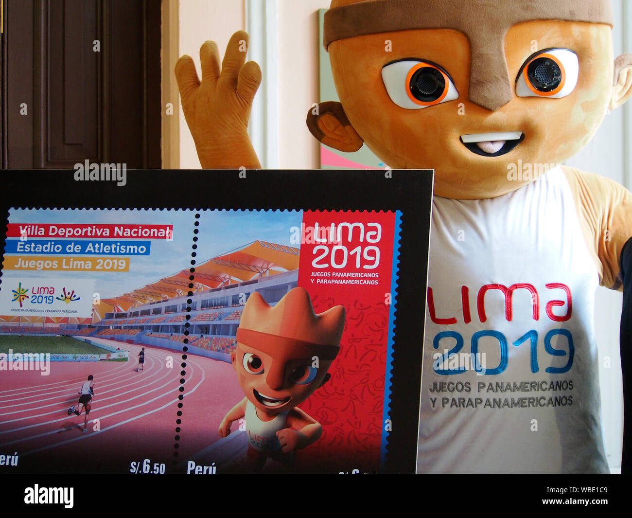 Milco, the mascot, posing when Lima 2019 and Serpost present the new ...