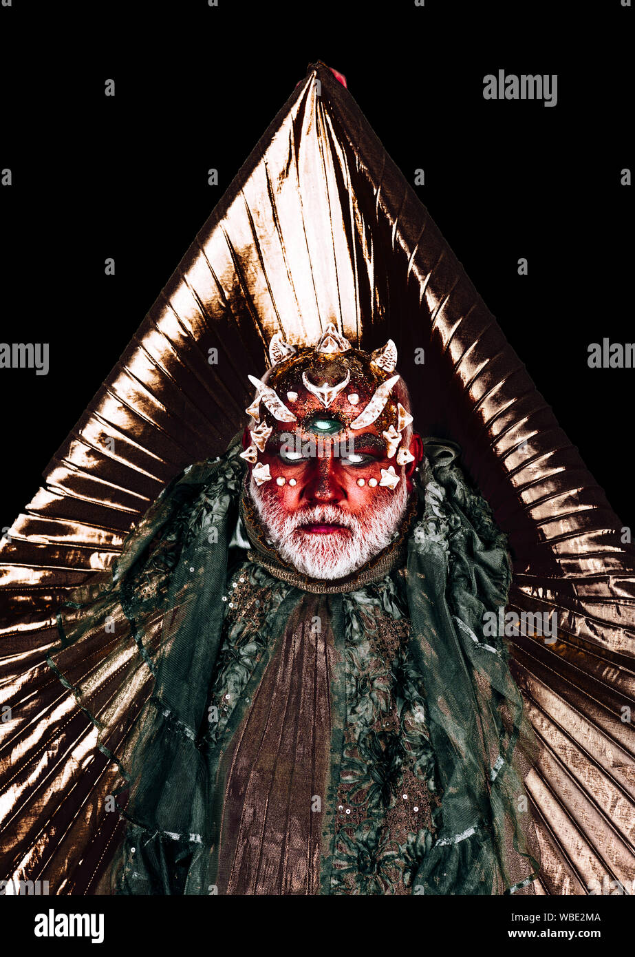 Devil with burning red face isolated on black background, nightmare and ...