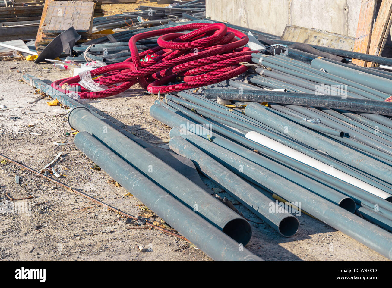 Building construction site. PVC Pipes and other materials Stock Photo ...