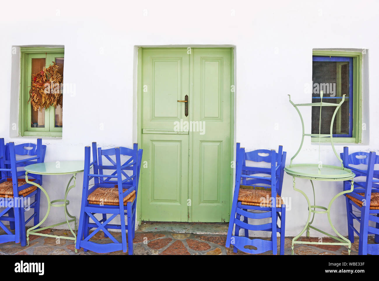 traditional cafeteria at Ano Koufonisi island Cyclades Greece Stock ...