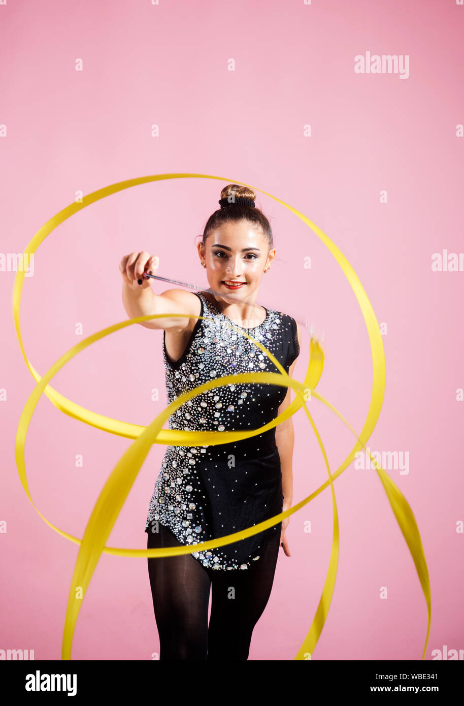 Beautiful happy cool fit gymnast athlete woman in sportswear working ...