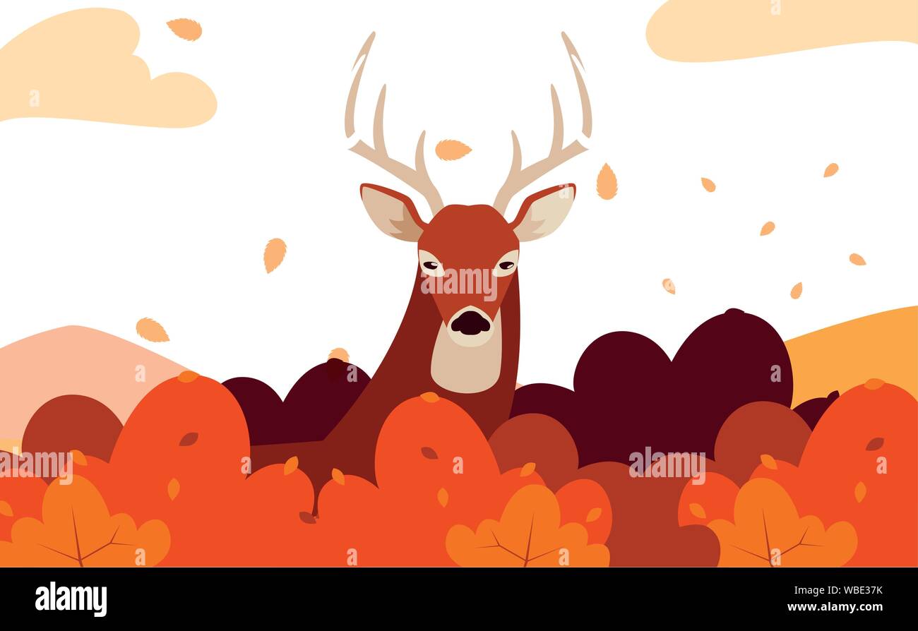happy autumn season deer tree foliage landscape vector illustration ...