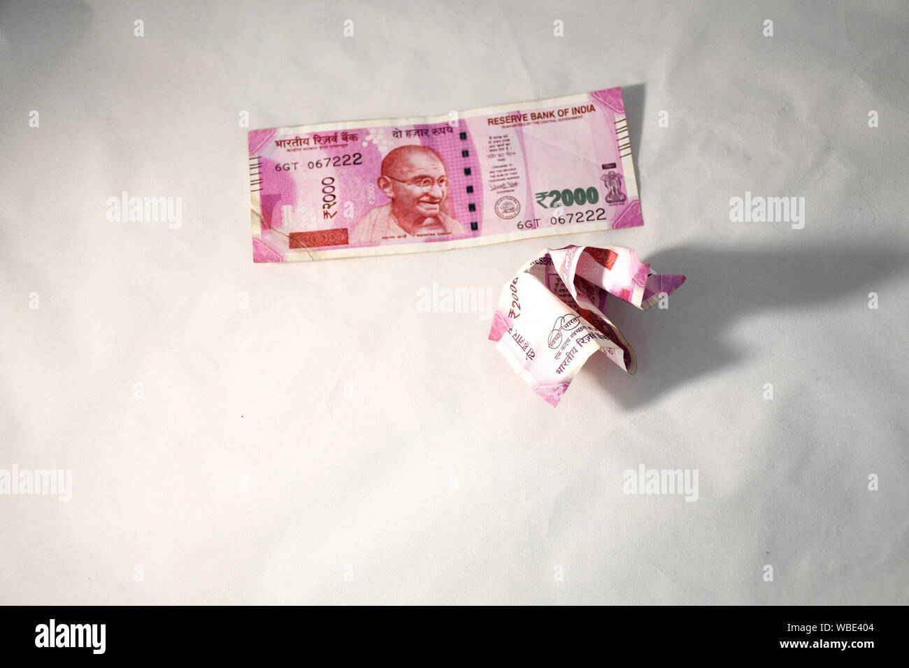clean & crumpled modern Indian Two Thousand Rupees Currency Notes on a ...