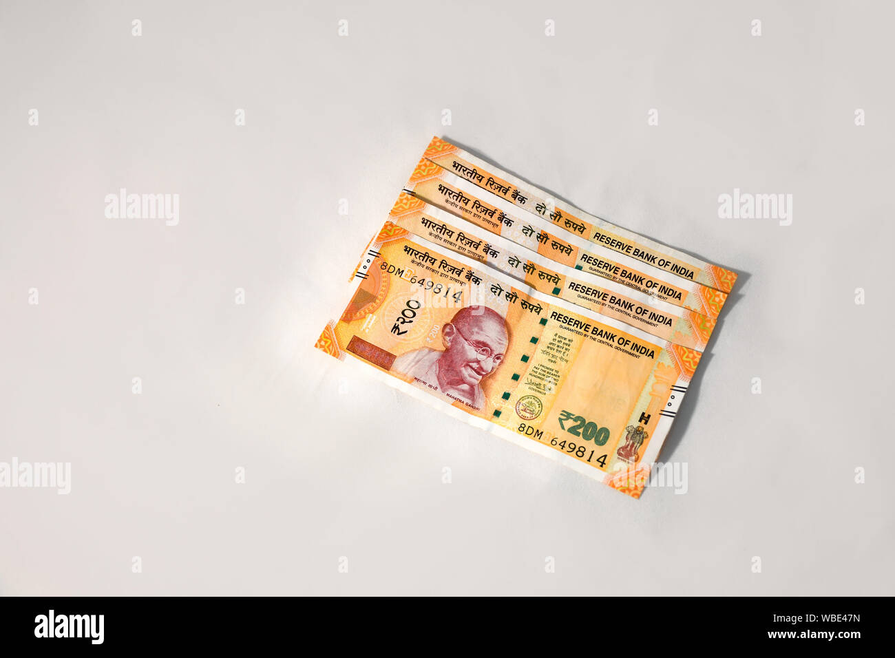 Modern Indian Two Hundred Rupees Currency Notes on a minimal grey ...