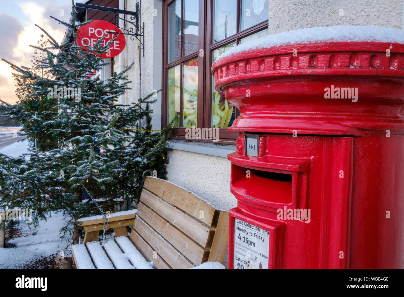 Snow covered post box outside village shop & Post Office, Main Street ...