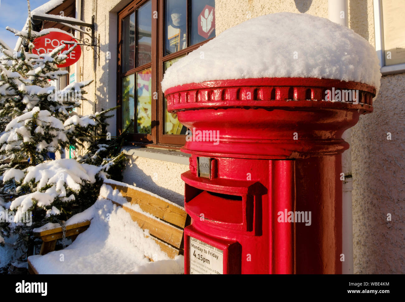 Snow covered post box outside village shop & Post Office, Main Street ...