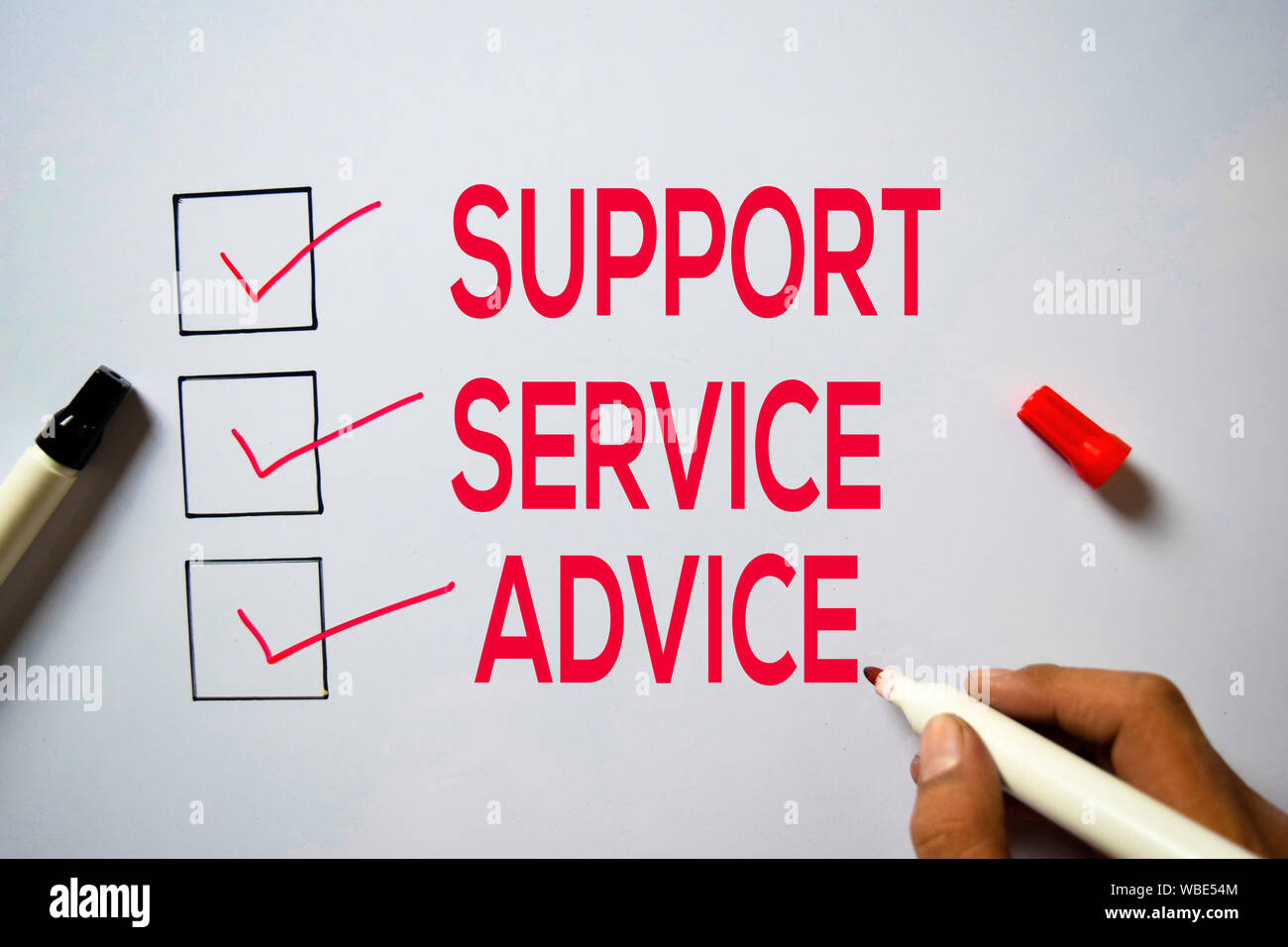 Support, Service Advice text isolated on white board background Stock ...
