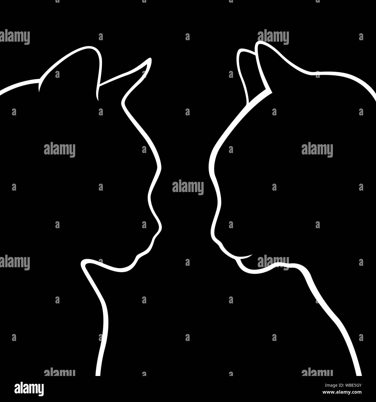 Abstract outline of two cat muzzles, black stencil on the white ...