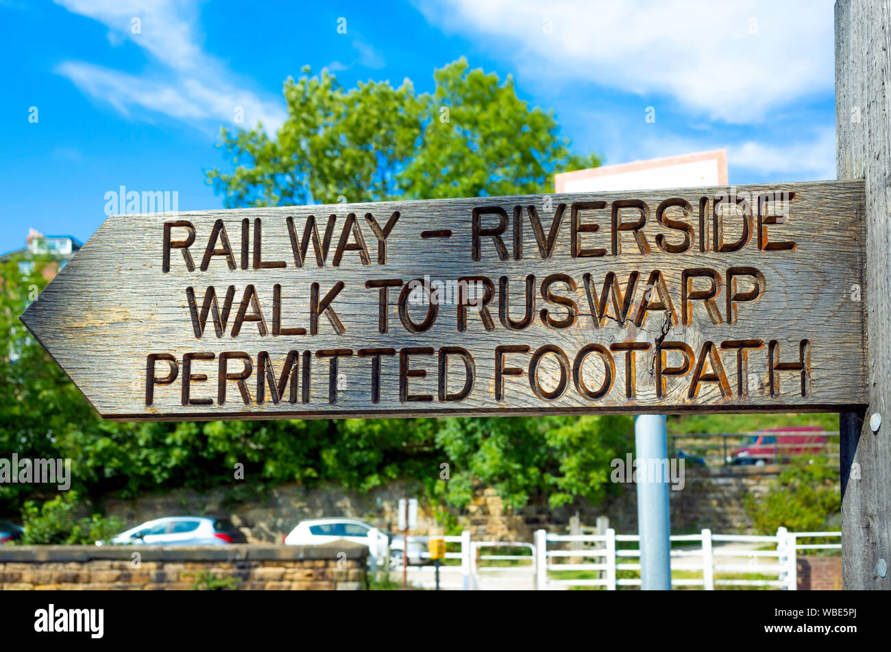Sign post for the permitted footpath along the river Esk and railway ...