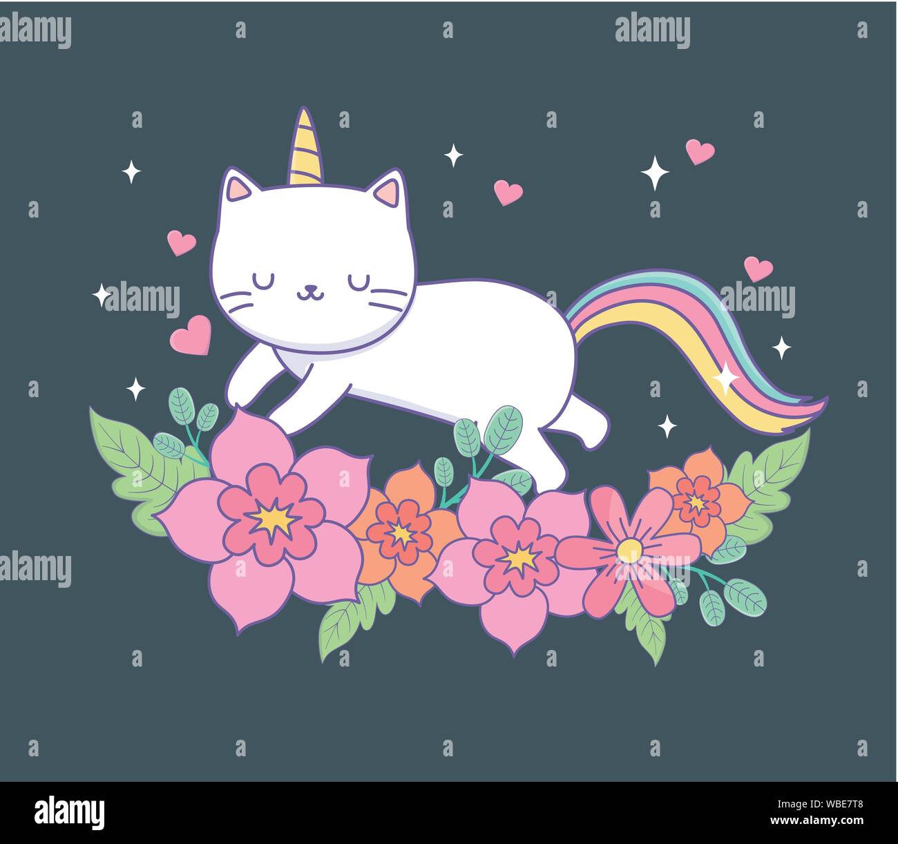 cute caticorn with floral decoration vector illustration design Stock ...