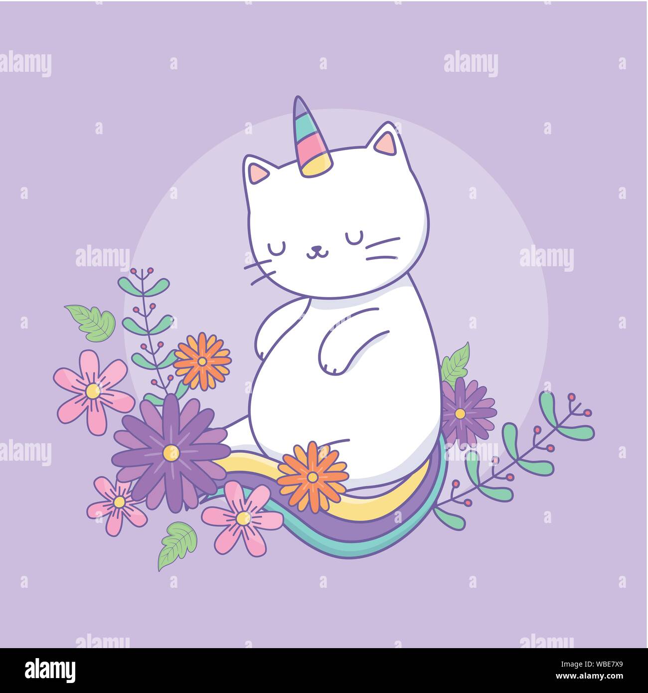 cute caticorn with floral decoration vector illustration design Stock ...