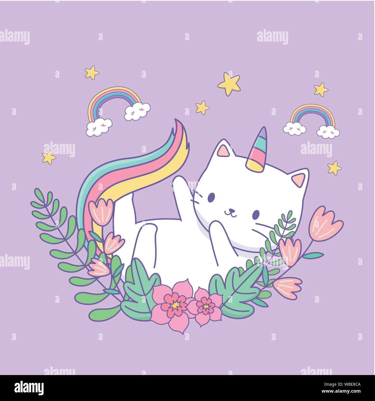cute caticorn with floral decoration vector illustration design Stock ...