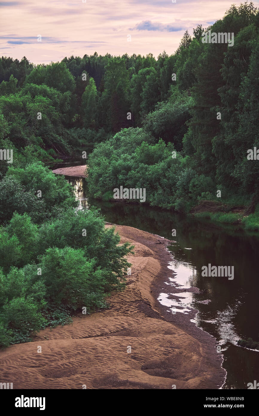 small rural river dried out in the green forest, the beach in the sand ...
