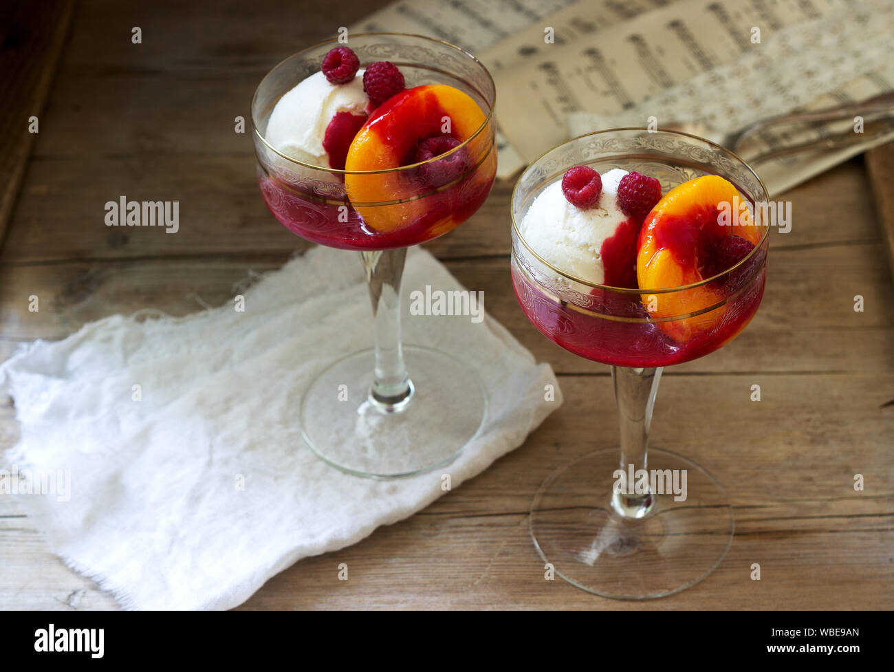 Ice cream, peach and raspberry sauce dessert dedicated to Australian ...