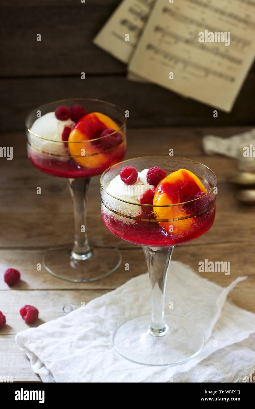 Ice cream, peach and raspberry sauce dessert dedicated to Australian ...