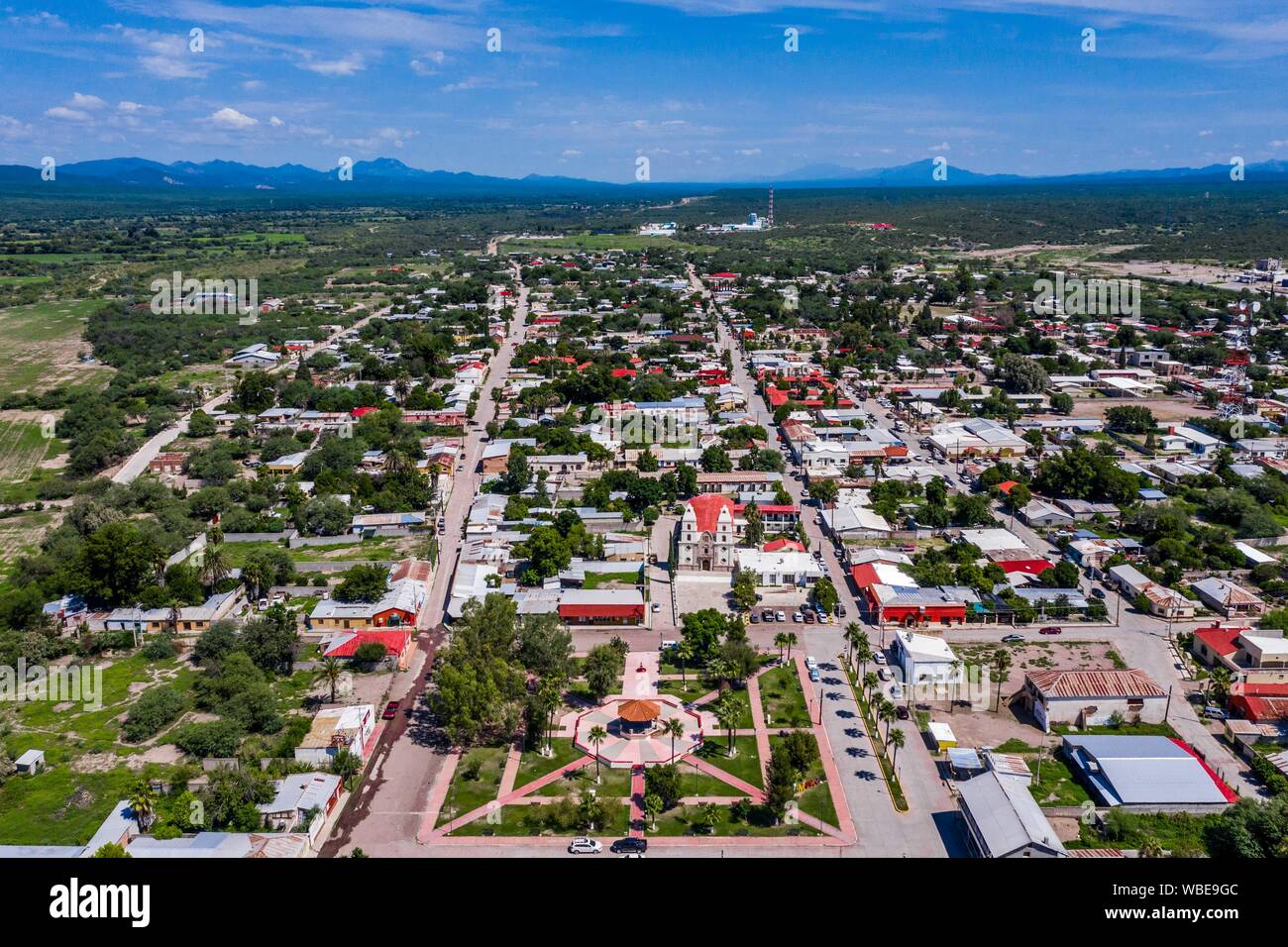 Aerial view of the church or Parish of Our Lady of Guadalupe, kiosk and ...