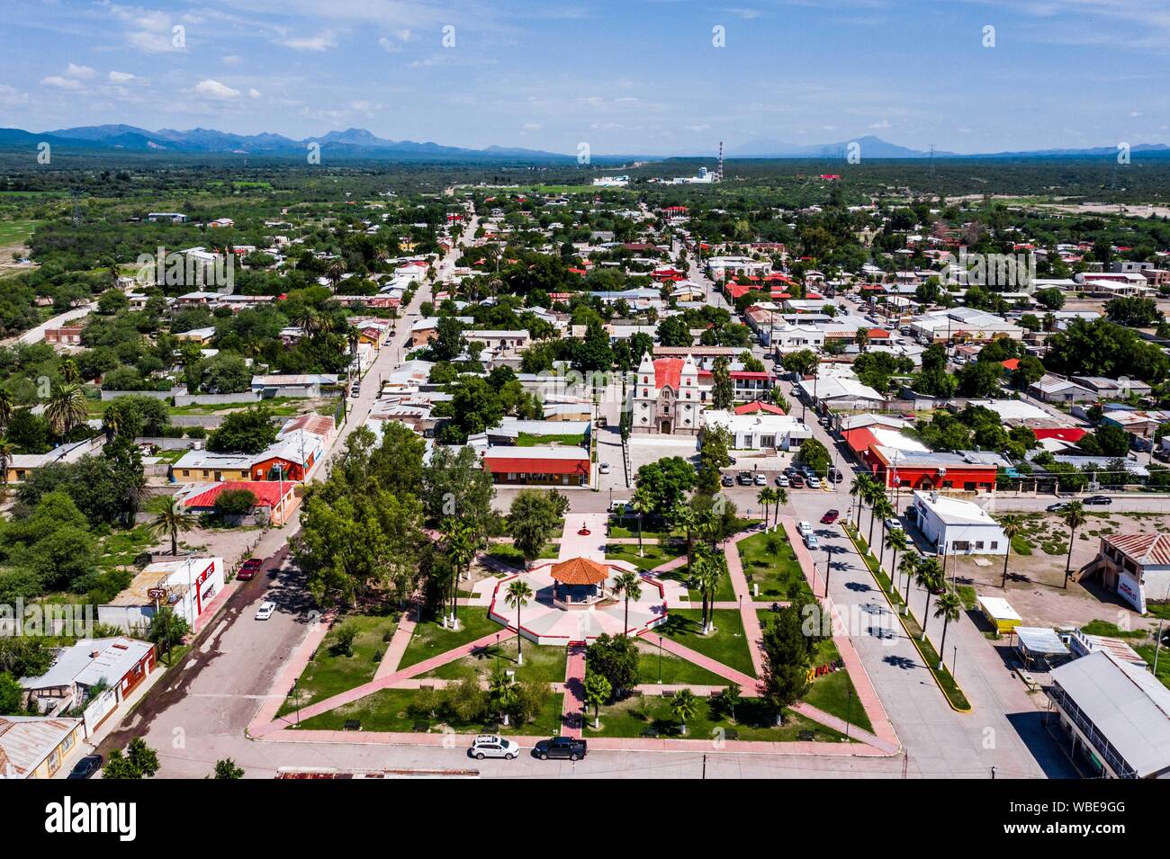Aerial view of the church or Parish of Our Lady of Guadalupe, kiosk and ...