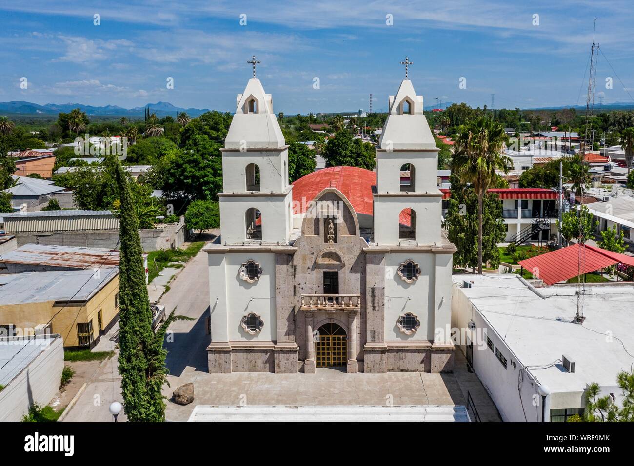 Aerial view of the church or Parish of Our Lady of Guadalupe, kiosk and ...
