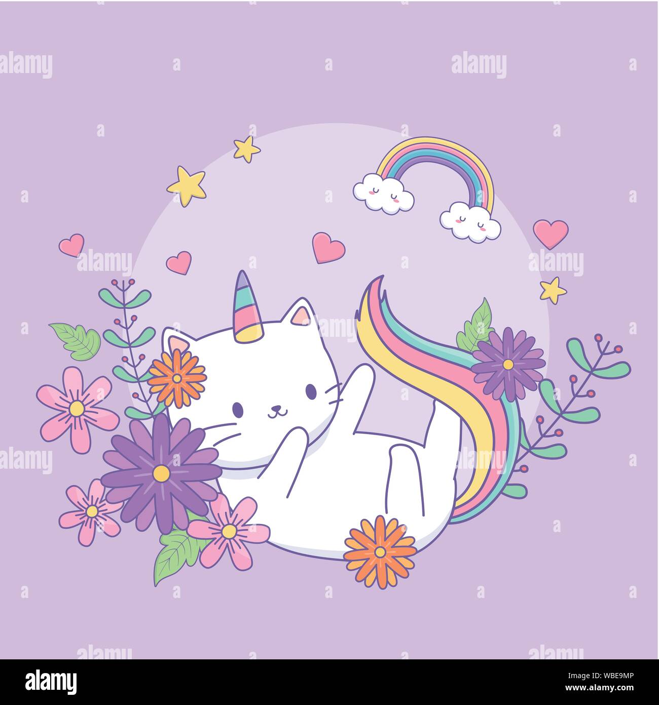 cute caticorn with floral decoration vector illustration design Stock ...