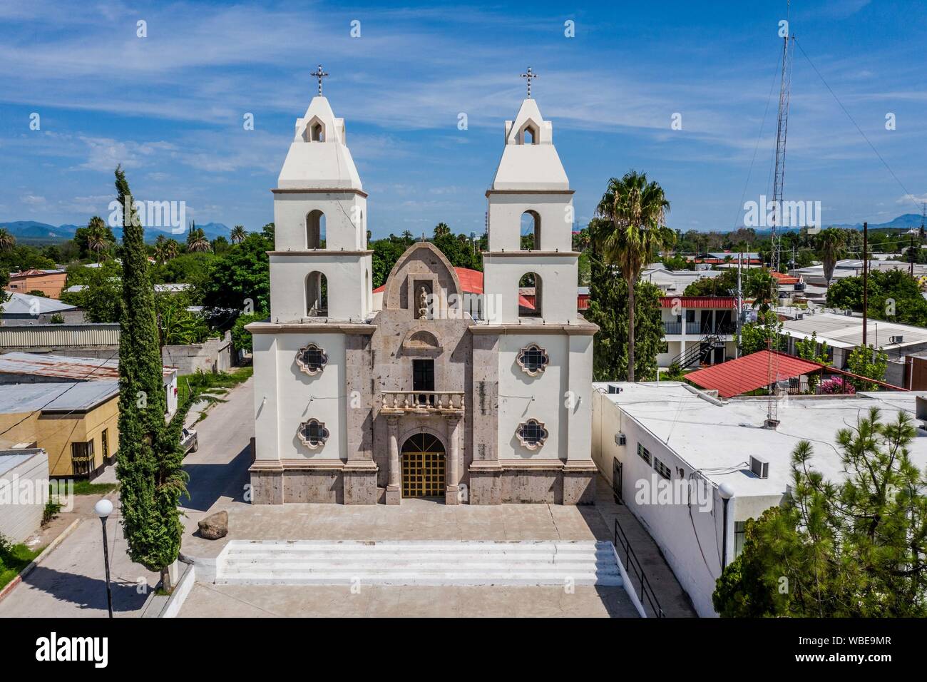 Aerial view of the church or Parish of Our Lady of Guadalupe, kiosk and ...
