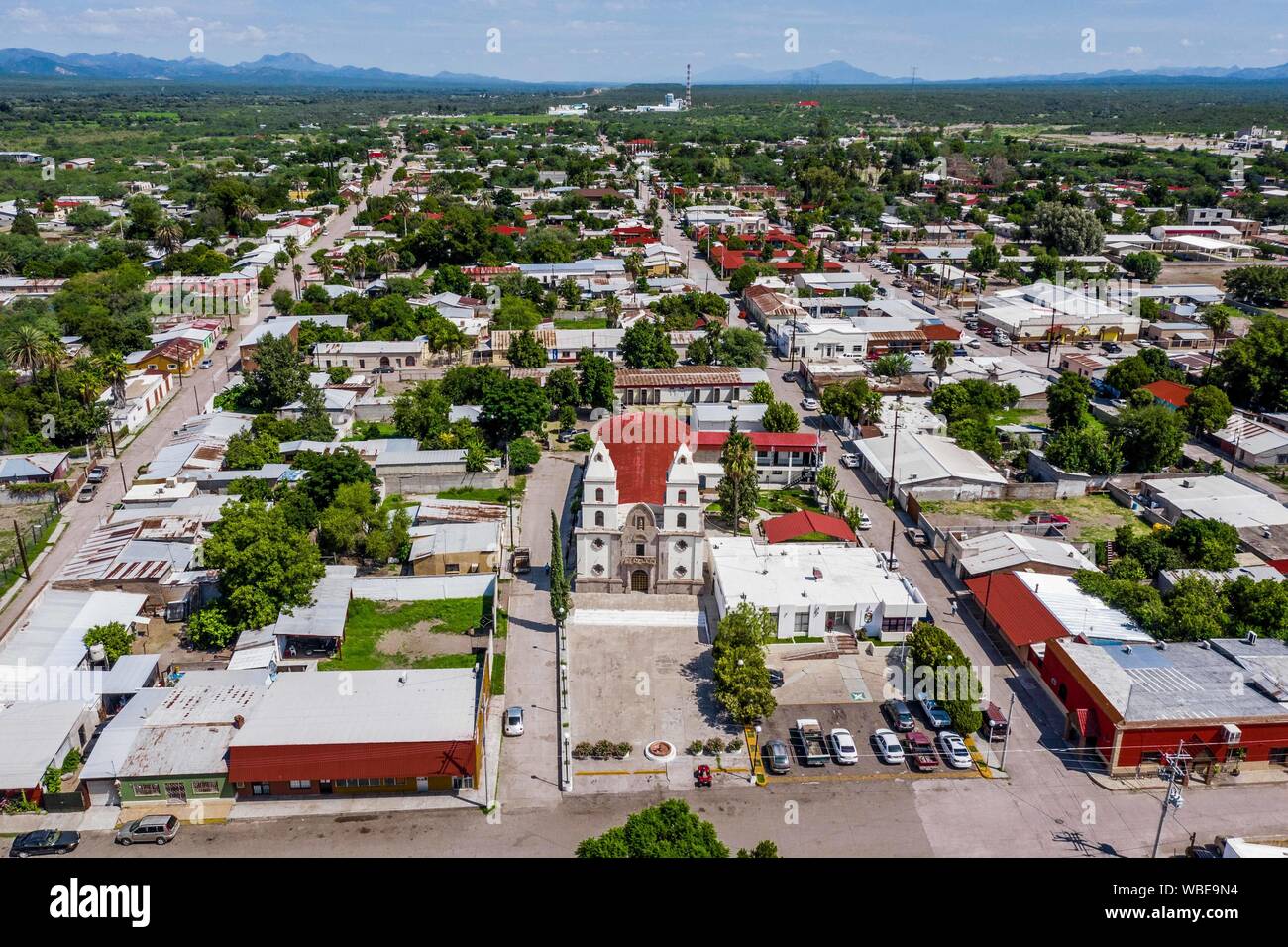 Aerial view of the church or Parish of Our Lady of Guadalupe, kiosk and ...