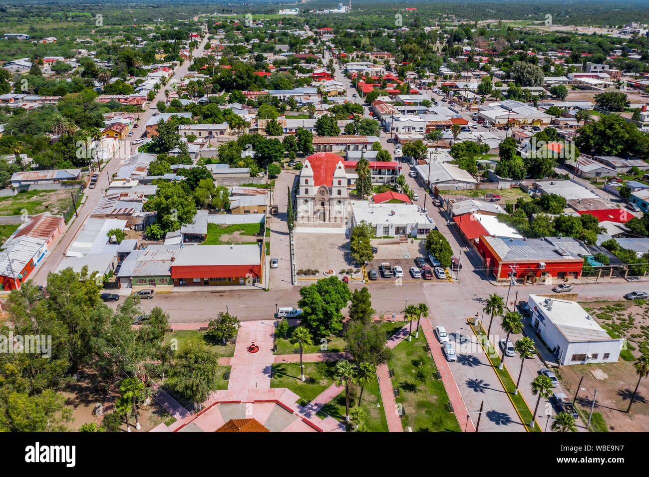 Aerial view of the church or Parish of Our Lady of Guadalupe, kiosk and ...