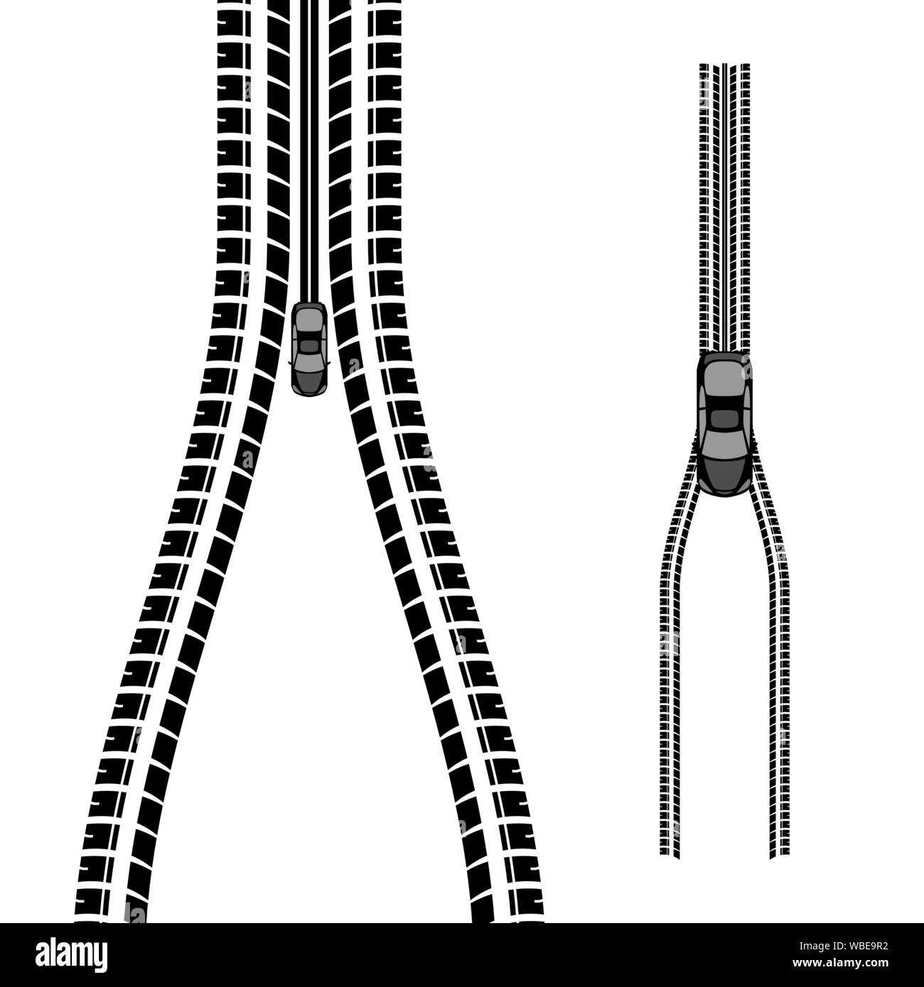 Two black tire track zipper with car silhouette isolated on white ...