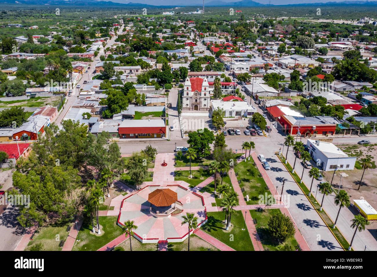 Aerial view of the church or Parish of Our Lady of Guadalupe, kiosk and ...