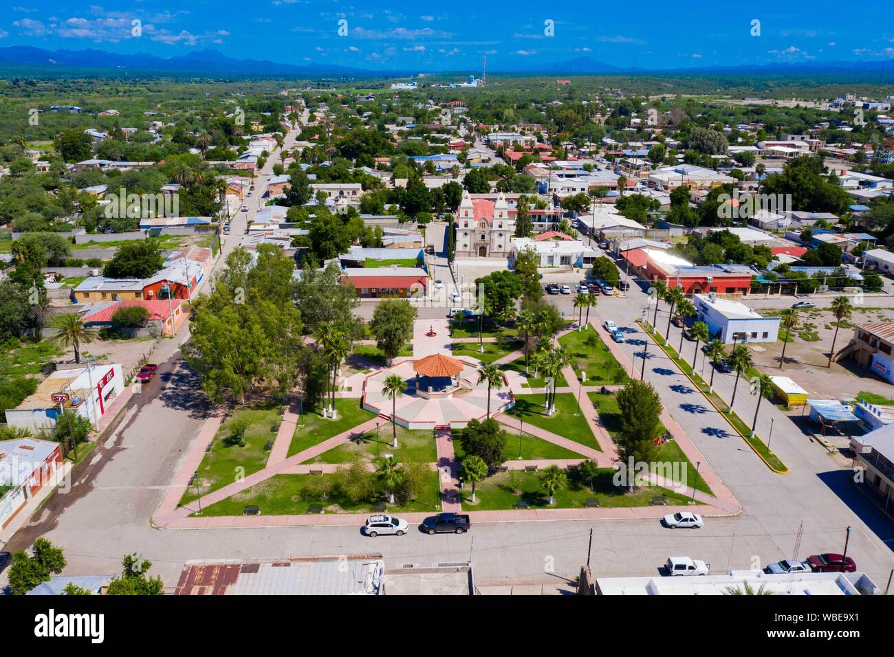 Aerial view of the church or Parish of Our Lady of Guadalupe, kiosk and ...
