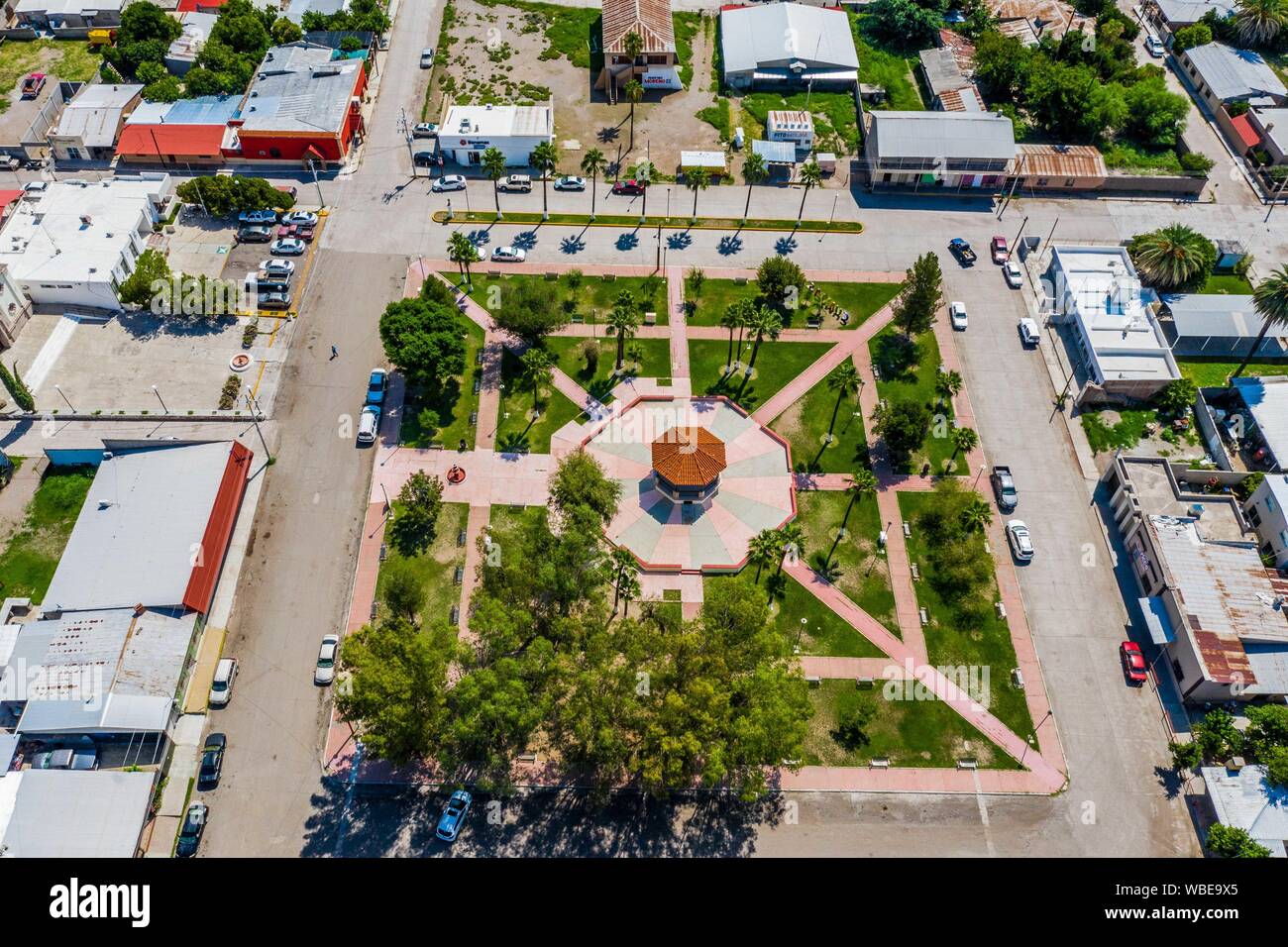 Aerial view of the church or Parish of Our Lady of Guadalupe, kiosk and ...