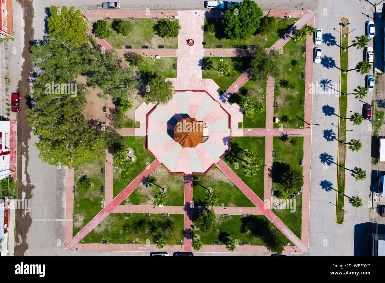 Aerial view of the church or Parish of Our Lady of Guadalupe, kiosk and ...