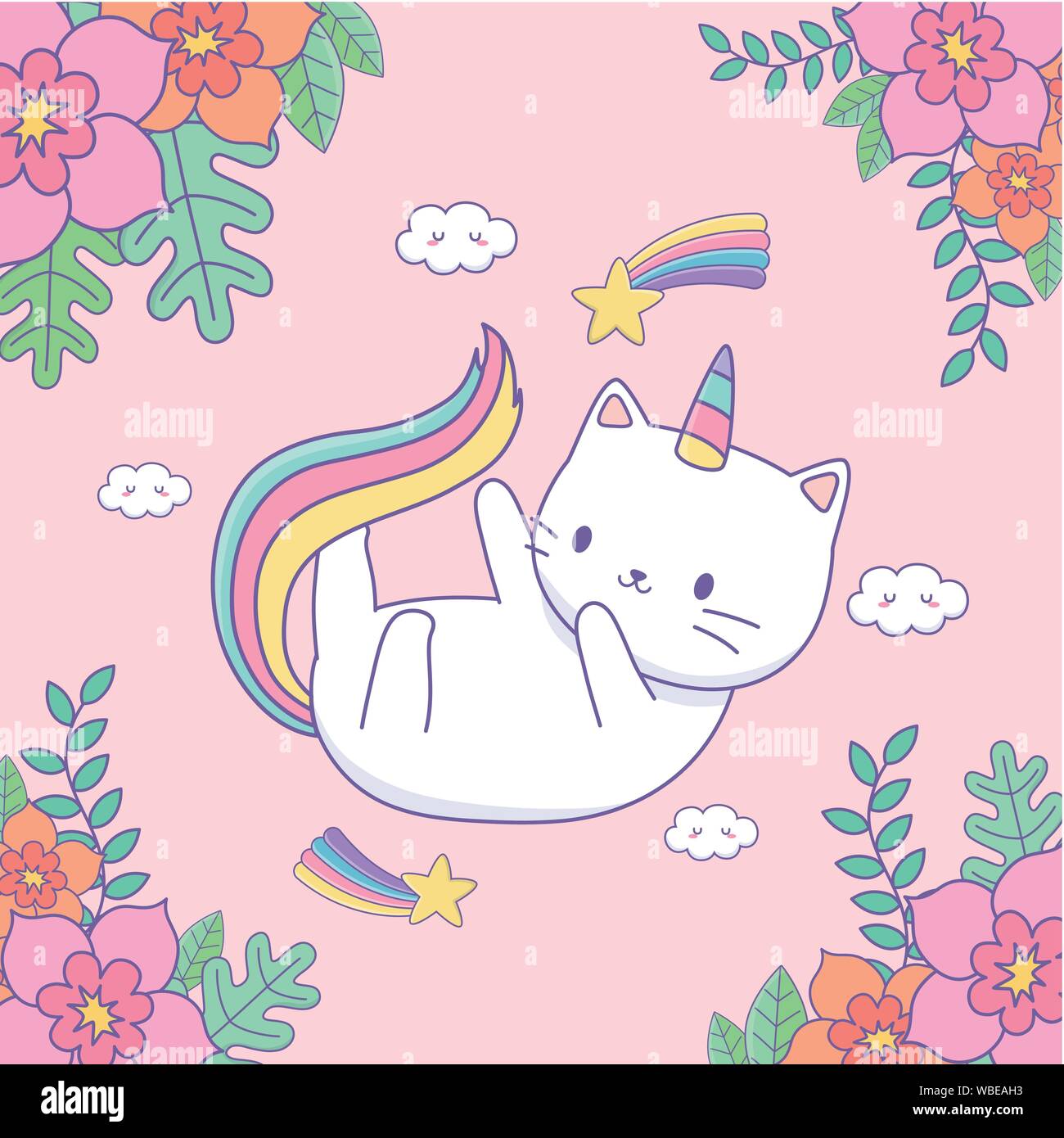 cute caticorn with floral decoration and rainbow vector illustration ...