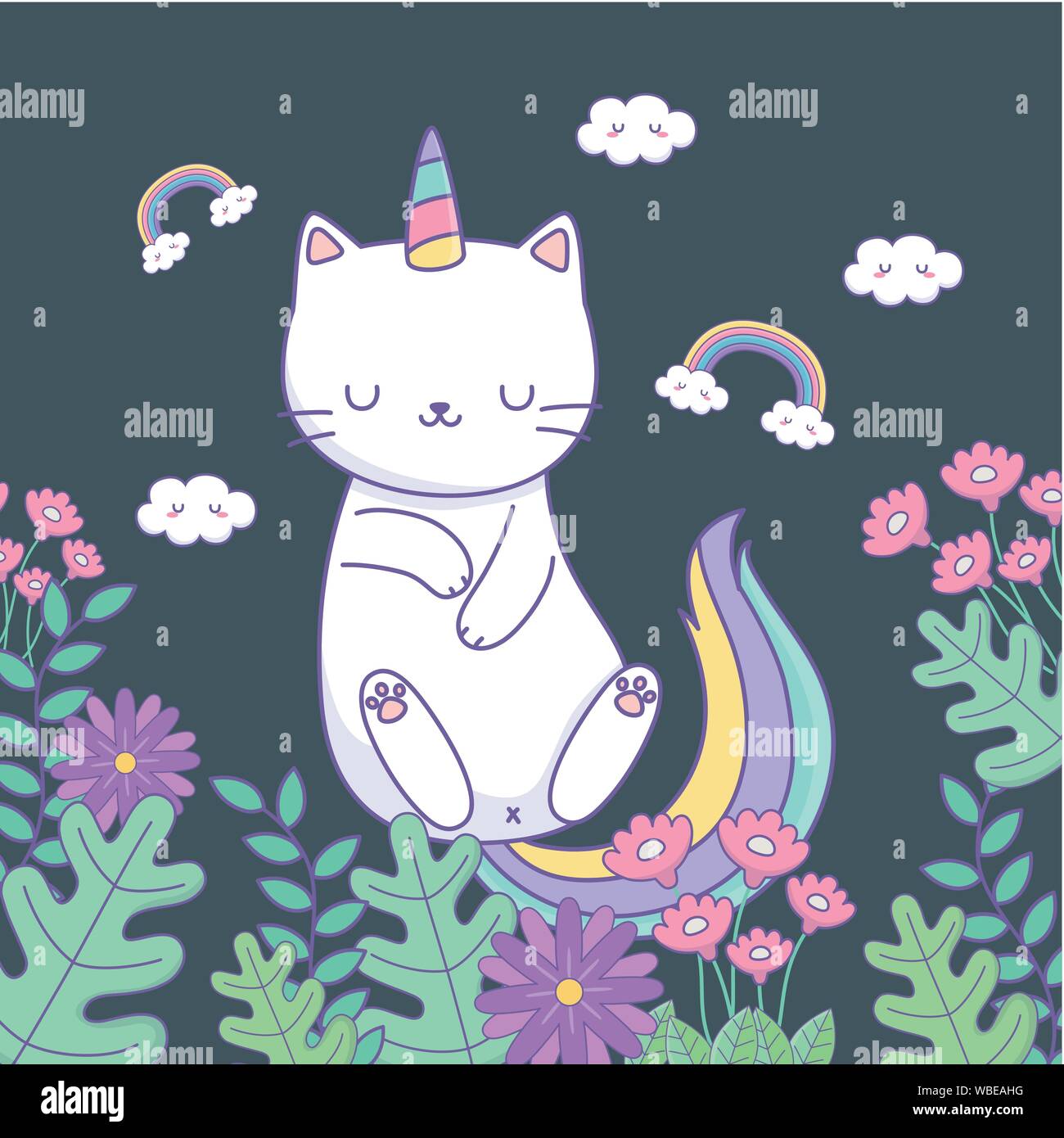 cute caticorn with floral decoration vector illustration design Stock ...