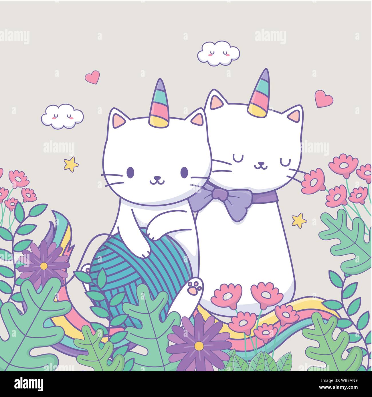 cute caticorns with floral decoration and ball wool vector illustration ...