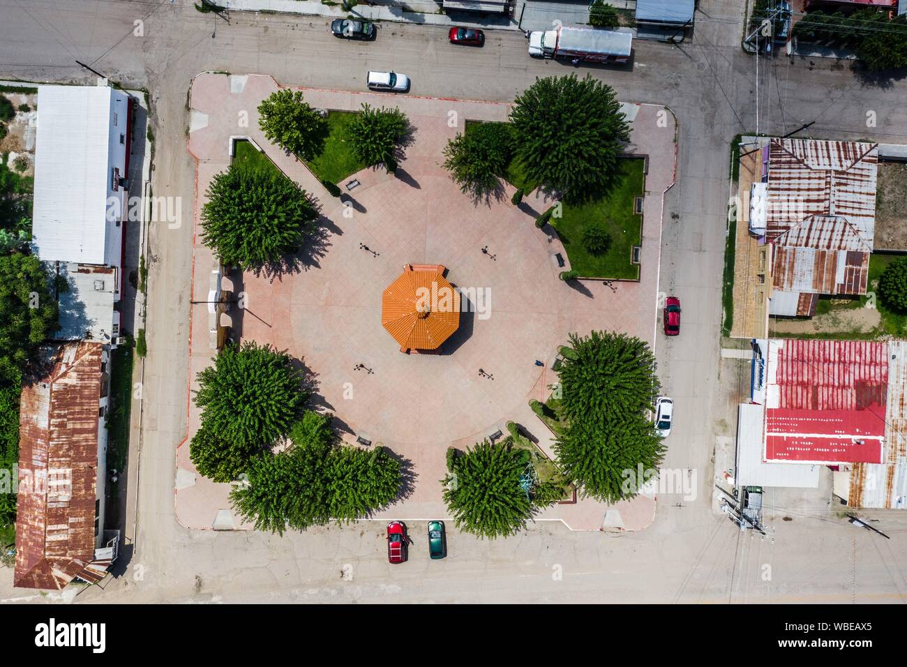 Aerial view of the town, kiosk and public square of Esqueda, Sonora ...