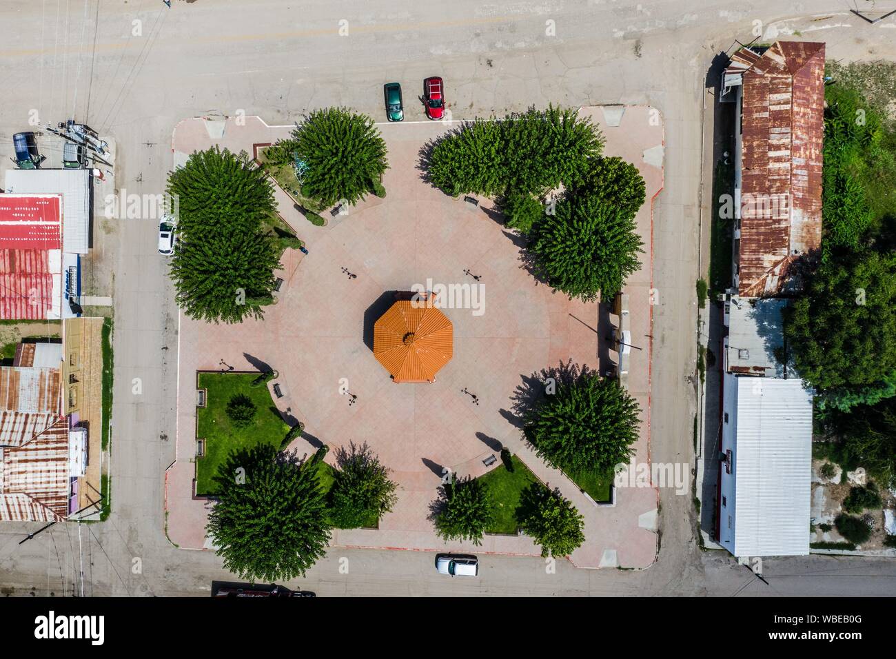Aerial view of the town, kiosk and public square of Esqueda, Sonora ...