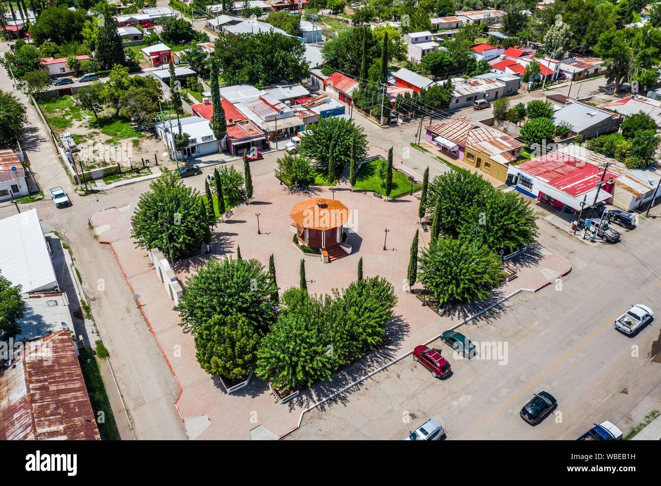 Aerial view of the town, kiosk and public square of Esqueda, Sonora ...