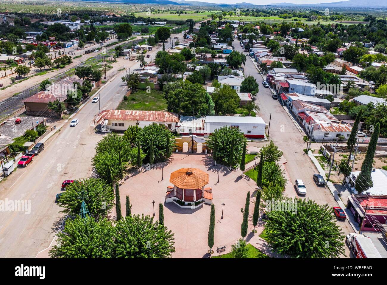 Aerial view of the town, kiosk and public square of Esqueda, Sonora ...