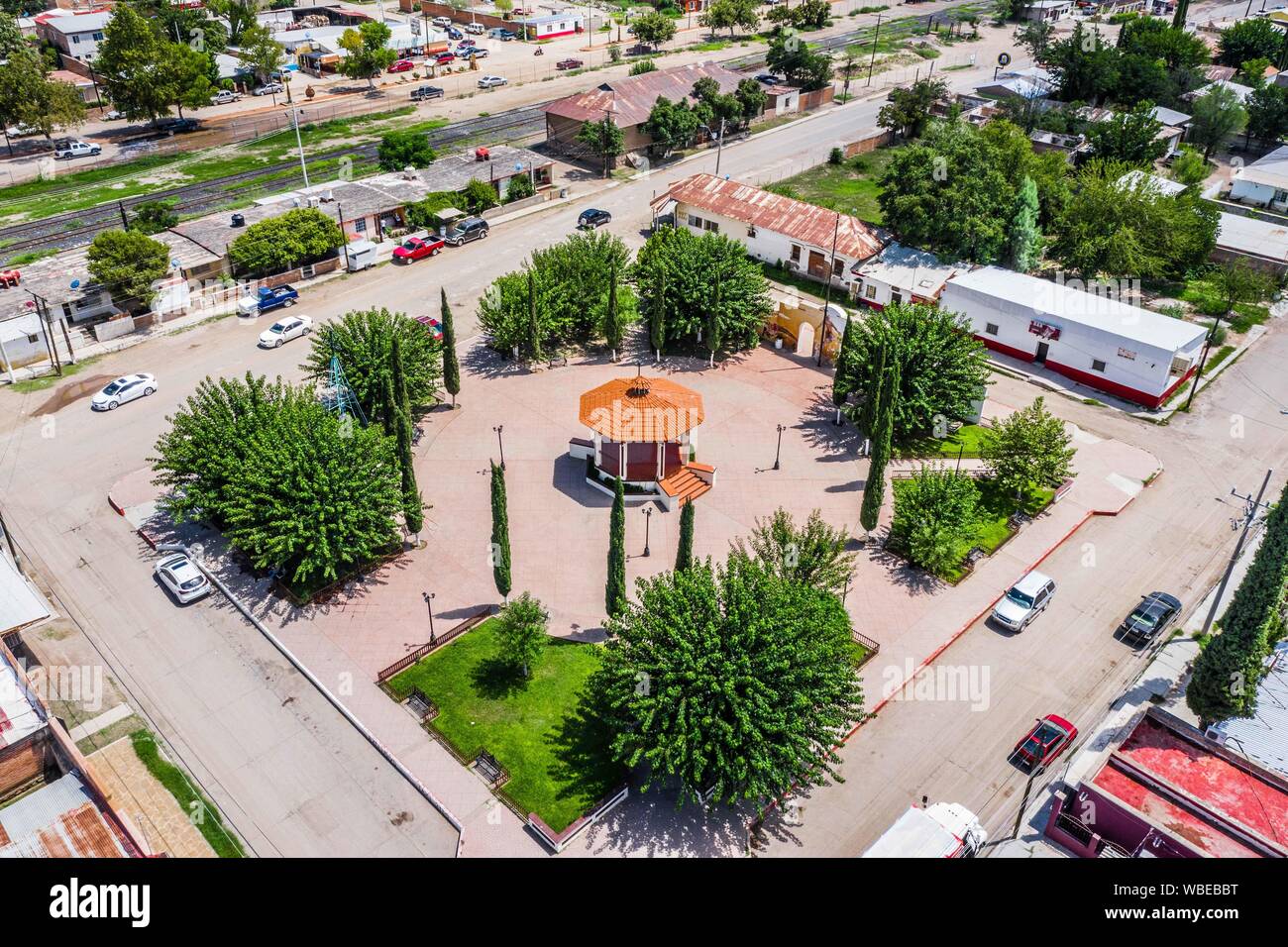 Aerial view of the town, kiosk and public square of Esqueda, Sonora ...